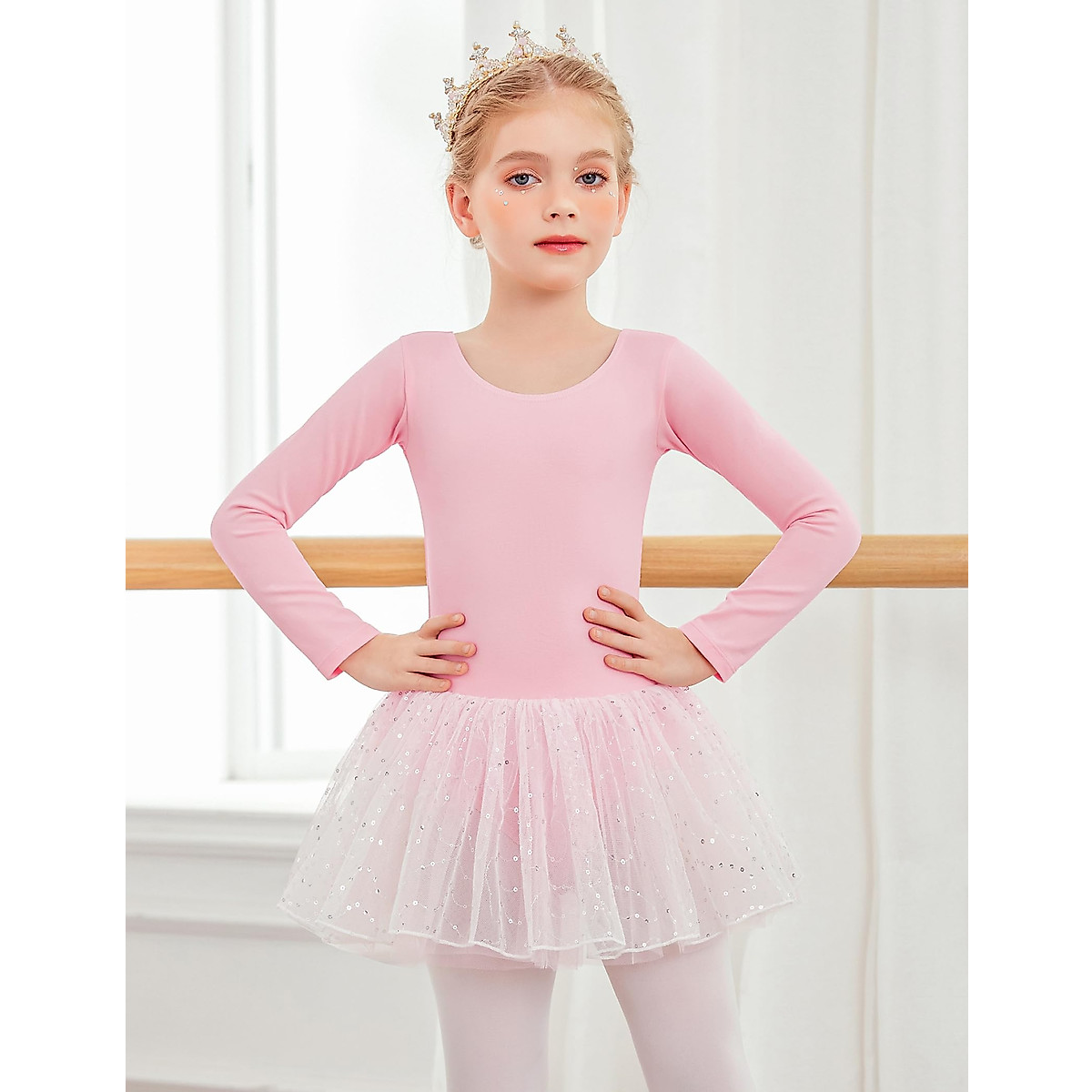 Zaclotre Girls Ballet Tutu Long Sleeve Leotards Dance Dress Ballerina Costume with Skirt Pink Size 4-5 Toddler