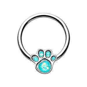Amelia Fashion 16 Gauge Paw Print Glitter Opal Captive Bead Ring 316L Stainless Steel (Silver/Teal)