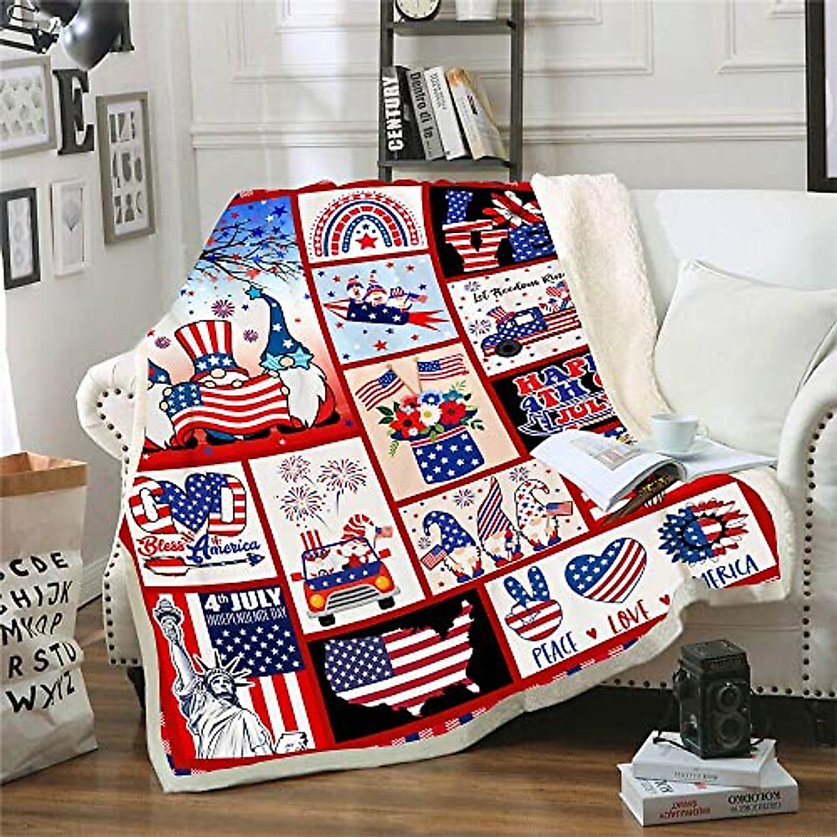 CYREKUD 4th of July Blanket Throw,Patriotic Gnomes Truck Blanket,Independence Day Gifts Blanket,American Veteran Labor Day Blanket,Cozy Independence Day Gifts Blanket Sofa Couch Beds Decor 50''x60''