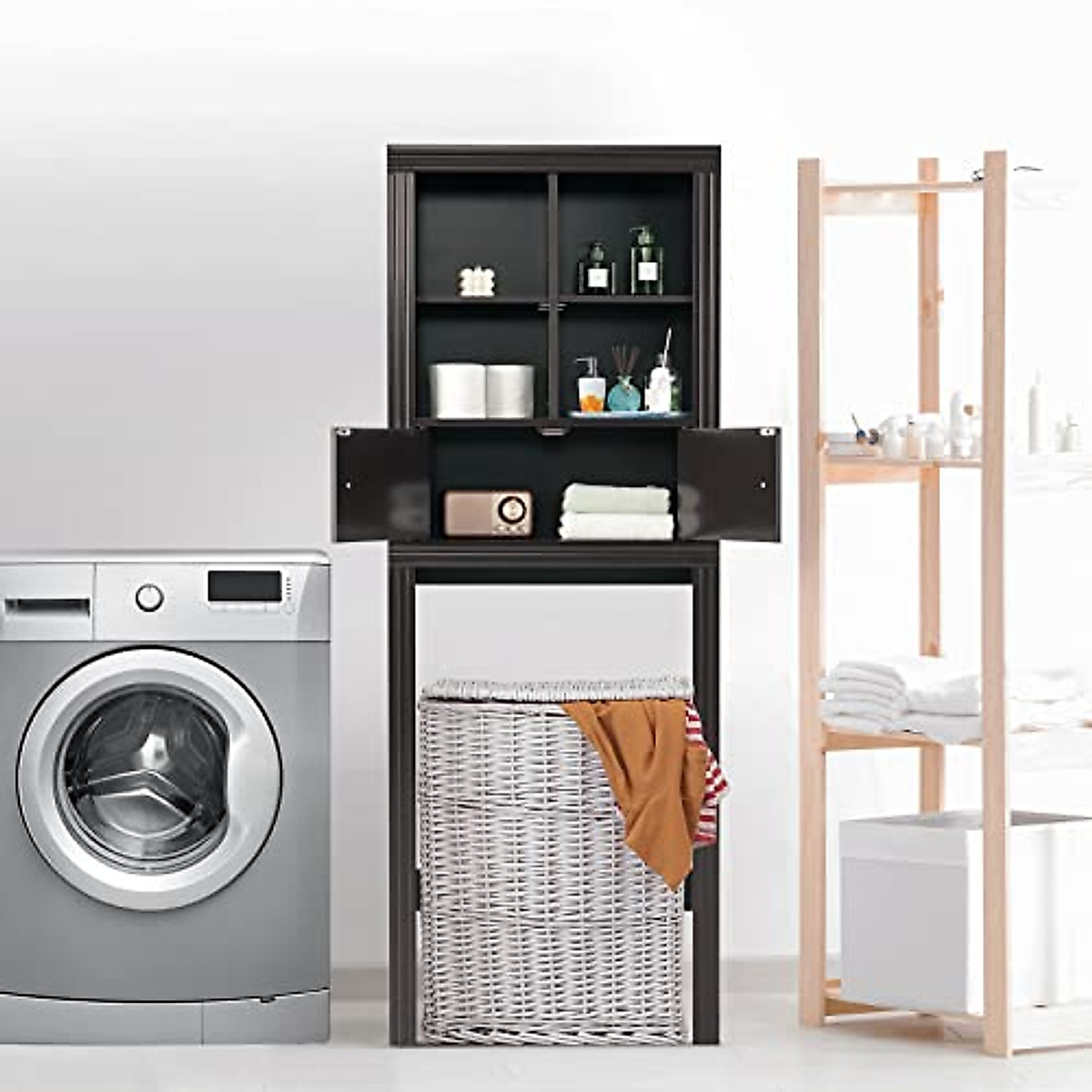 LOKO Over The Toilet Storage Cabinet, 2-Door Tall Bathroom Organizer w/ 4 Open Compartments & Adjustable Shelves, Modern Simple Toilet Space Saver, Ideal for Bathroom Laundry Balcony (Espresso)