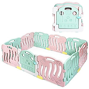 INFANS Baby Playpen, Kids Play Activity Center Yard for Toddlers, 10-Panel Safety Foldable Play Yard with Safety Lock, Adjustable Shape, Game Panel & Gate for Indoors or Outdoors (Green & Pink)