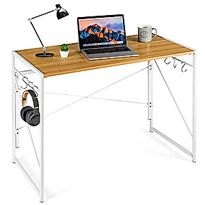 Tangkula Folding Computer Desk, Study Writing Desk with 6 Hooks, Modern Simple PC Laptop Desk with Sturdy Metal Construction, Space Saving Writing Table for Home Office (Natural)