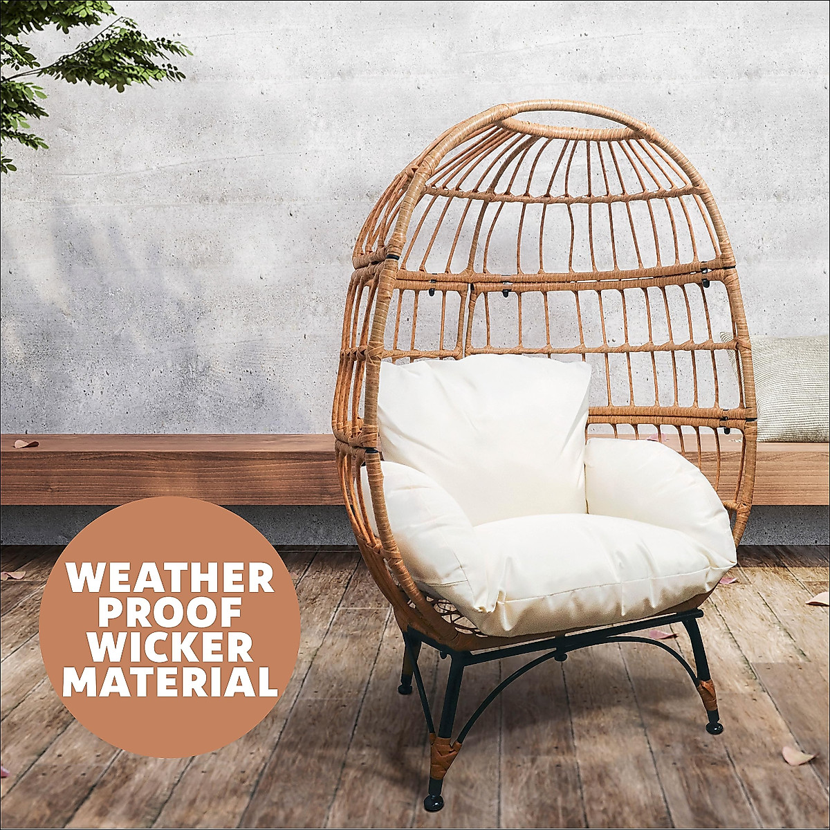 Kids Size Wicker Egg Chair, Indoor Outdoor Patio Backyard Deck Lounger Bubble Seat, With Cushion, Room & Home Décor - Chair Measures 22” x 29” x 35” Floor To Top Height - 45”, Weight Capacity 250 lbs.
