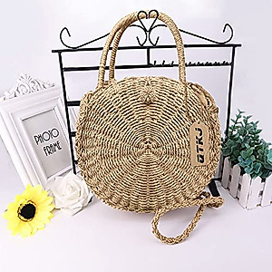QTKJ Mini Beach Round Rattan Straw Bag, Summer Hand Woven Bali Straw Tote Crossbody Handbag for Womens, Round Handle Beach Handbags (Khaki)