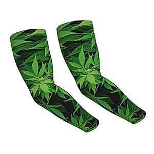 Hicyyu Cannabis Leaf Weed Marijuana Anti-Slip Sun Protection Cooling Long Arm Sleeves For Men Women Youth，Sports Compression Cooling Sleeve，Ice Silk Arm Cover Sleeve For Adults, Black, One Size