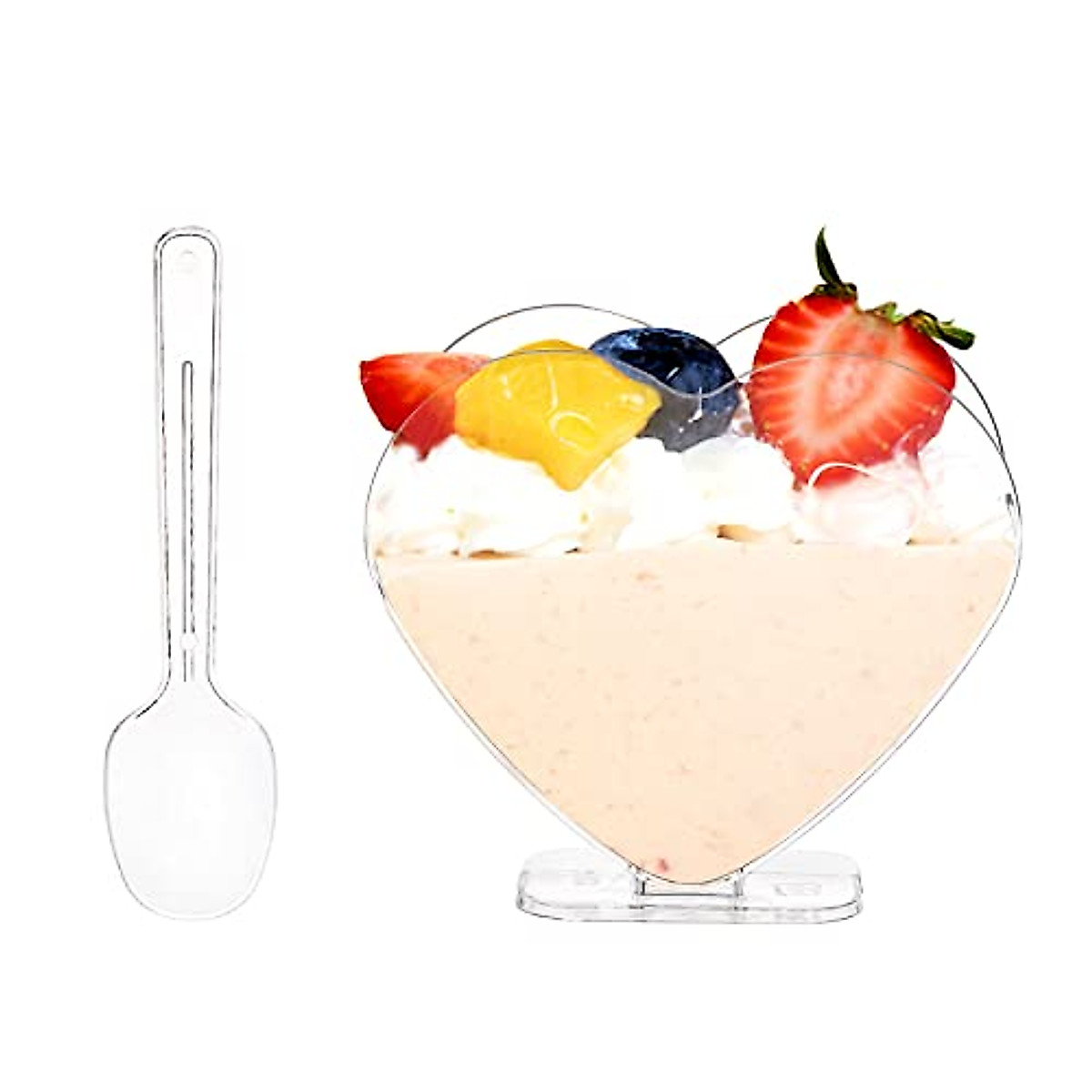 Coloch 100 Pack 4 Oz Plastic Mini Dessert Cup with Spoon, Clear Parfait Appetizer Cup Heart-shaped Small Serving Bowl for Cakes, Ice Cream, Tasting, Party, Buffet, Wedding