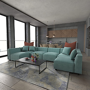 LLappuil Modern Modular Sectional Living Room Sofa Set, Low Back Minimalist Style Couch, Soft Fabric 6 Seater Oversized 138.4" U Shape Sofa, Aqua Blue