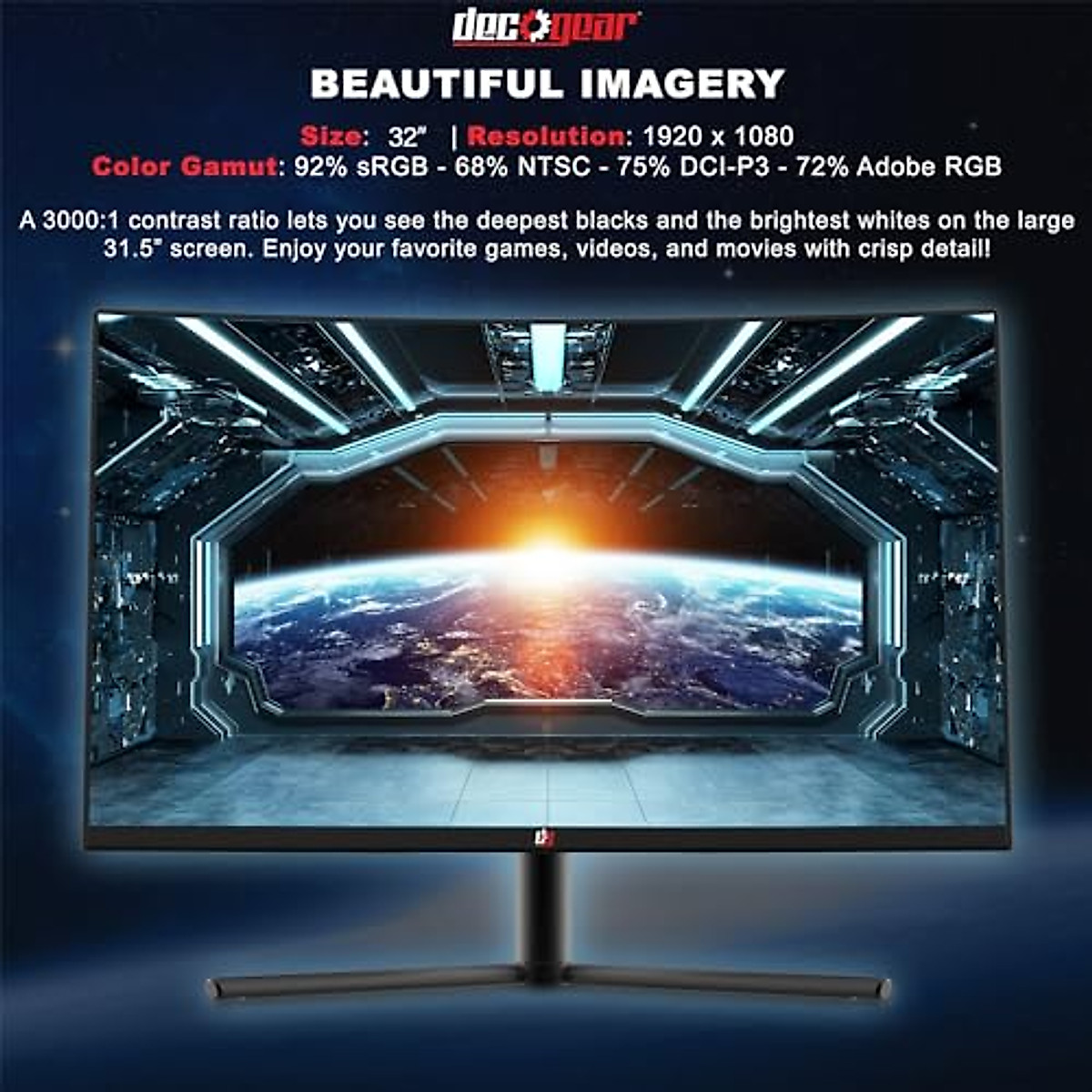 Deco Gear 32" Curved Gaming Monitor 1920x1080 with 3000:1 Contrast Ratio, 75 Hz Refresh Rate, 6ms Response Time, 16:9 Aspect Ratio, 103% sRGB Area Ratio