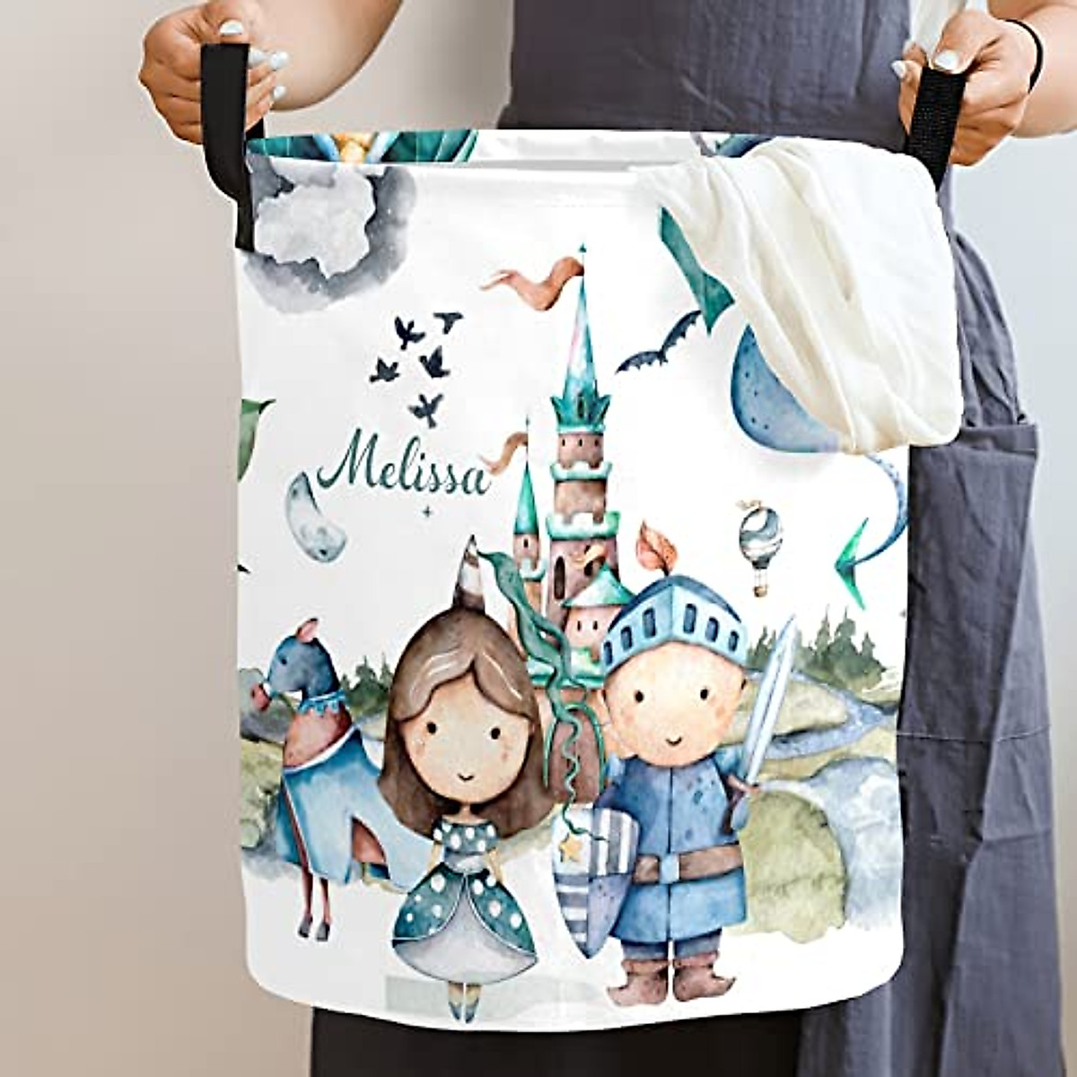 Personalized Laundry Basket, Knight Princess Castle Dragon Custom Storage Bins Laundry Hamper with Name Collapsible Toys Organizer Gift