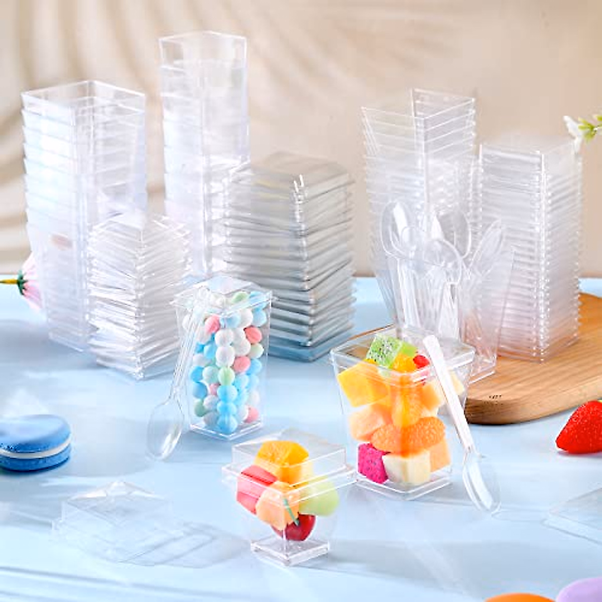 150 Pack 5.6, 3, 2 oz Mini Square Dessert Cups with Lids and Spoons Clear Plastic Parfait Cups Disposable Appetizer Cups Small Dessert Shooter Cups for Serving Party Pudding Fruit and Ice Cream