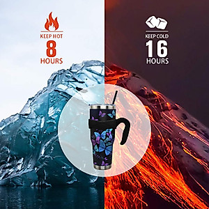 Exacmos 40 oz Tumbler with Handle and Straw 40 oz Butterfly Cup Insulated Stainless Steel Coffee Travel Mug Spill Proof Leak Proof Slim 40oz Tumbler with Handle Butterfly Decor Stuff Gifts for Women