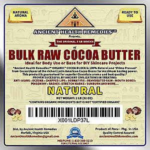 ANCIENT HEALTH REMEDIES Organic Unrefined Raw NATURAL COCOA (CACAO) BUTTER BLOCKS Bulk Size Rich Chocolate Aroma For Lip Balms Stretch Marks DIY Base for Body Butter (2Lb)