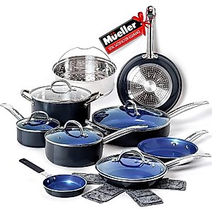 Mueller UltraClad Sapphire Pots and Pans Set Nonstick, 14 Piece Induction Cookware Sets, Aluminum Body, Includes Non Stick Deep Frying Pan, Sauce Pans for Cooking, Dutch Oven and More
