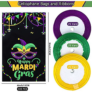Whaline 100Pcs Happy Mardi Gras party Bags Masquerade Mask Pattern Cellophane Bag with Purple Green Yellow Ribbon Carnival Goodie Cookie Treat Bags for New Orleans Mardi Gras Party Favor Supplies