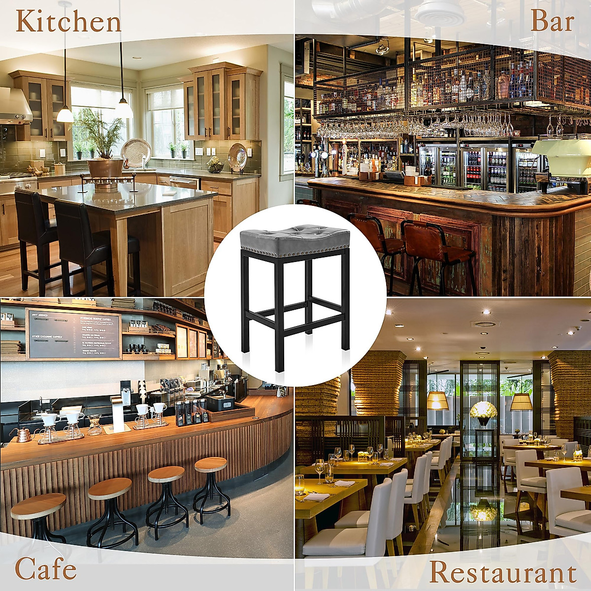 LUE BONA Bar stools Set of 2, 24 Inch Saddle Square Counter Height Bar Stools for Kitchen Island, Modern Backless Faux Leather Counter Stools with Black Metal Legs for Bar, Bistro, Dark Gray