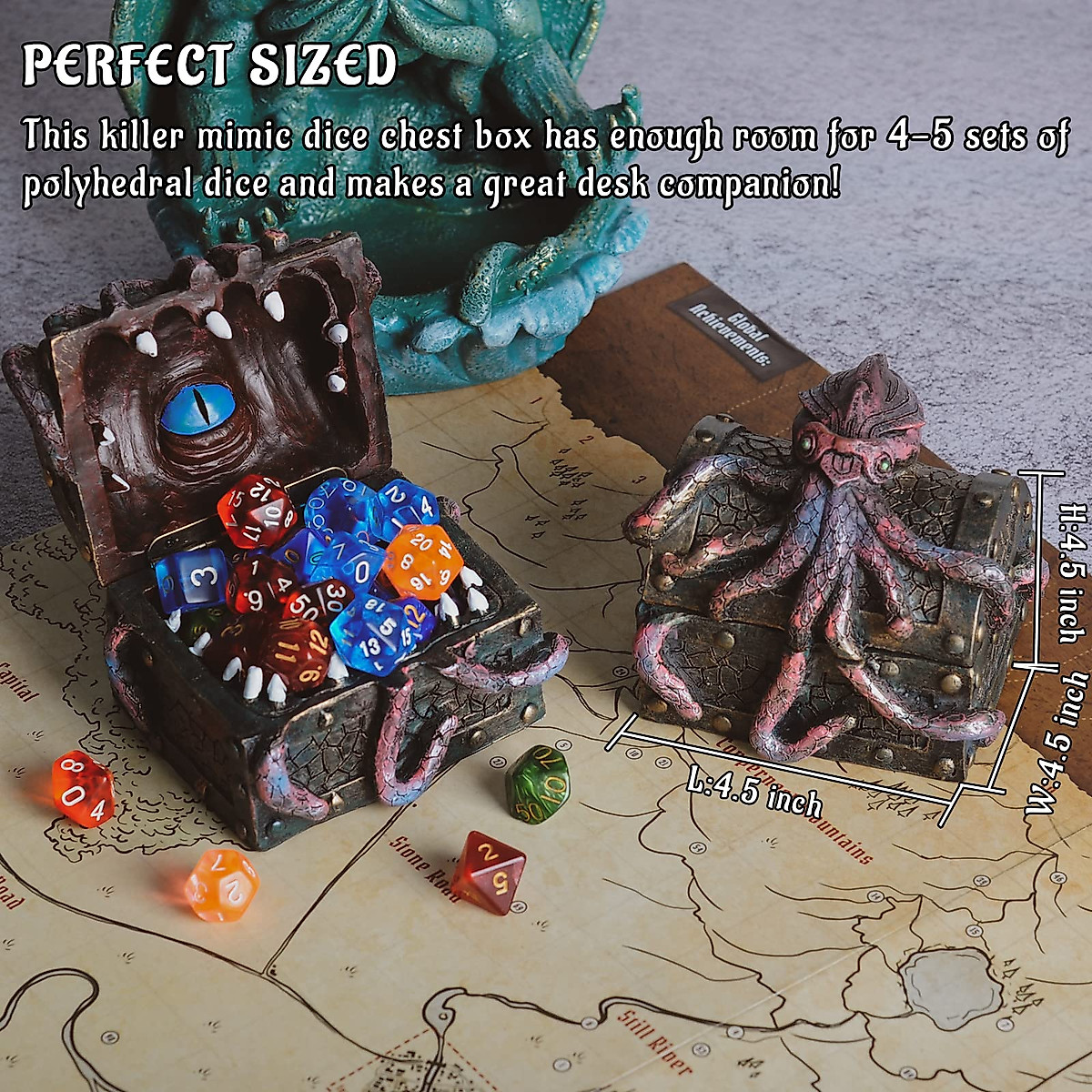 DND Mimic & Octopus Chest Box with Polyhedral Mystery Dice Set - Medieval Resin Cthulhu Dice Storage Case Perfect for Dungeons and Dragons, Board Game, Tabletop RPG and Gaming Accessories