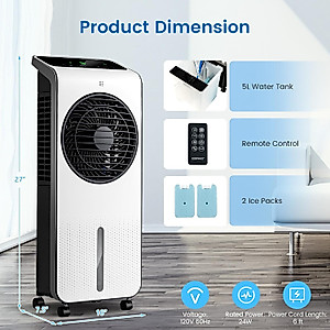 ARLIME Evaporative Air Cooler, 3-in-1 Portable Air Conditioner, AC Fan w/ 3 Modes, 24 Speeds Settings, 12H Timer & Remote Control, Swamp Cooler for Office, Bedroom, Home