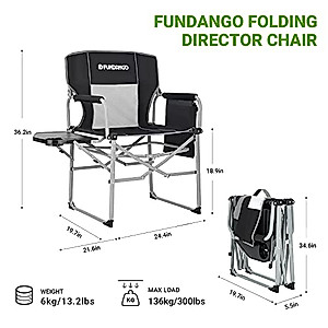FUNDANGO Heavy Duty Outdoor Director Chairs Side Table, Tray, Foldable, Portable with Handle, Armrest, Mesh Backrest for Camp, Lawn, Picnic, Sports, RV, BBQ, Fishing, 19.7"D x 21.6"W x 17.3"H, GREY
