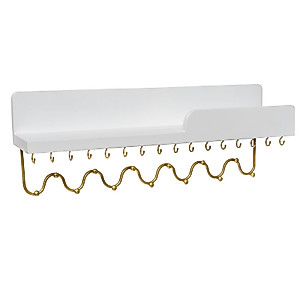 Lampaggio Hanging Jewelry Organizer with 29 Hooks and Cosmetics Shelf, Modern Wood Wall Mounted Jewelry Holder for Necklaces, Bracelets, Earrings and Rings, White