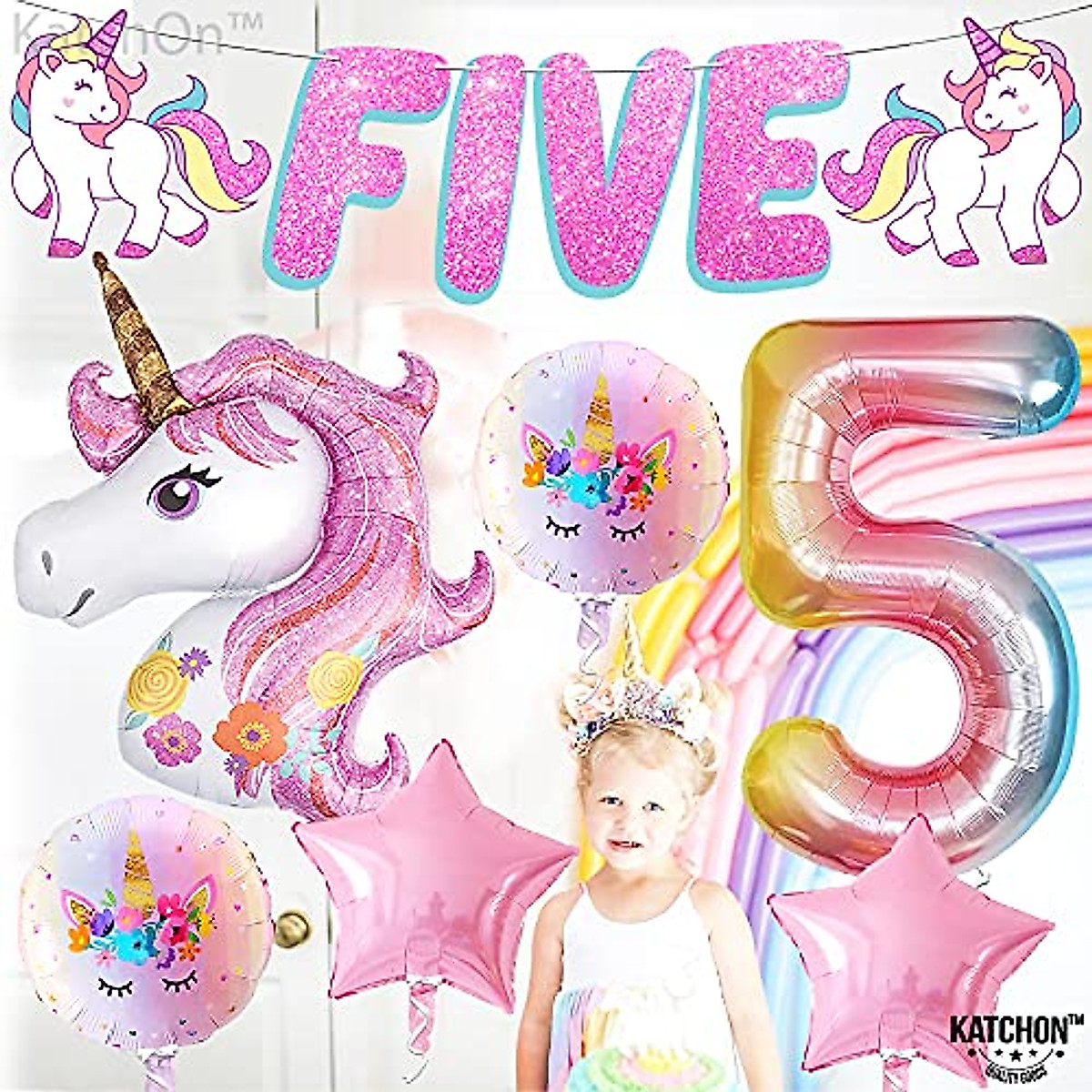KatchOn, Unicorn 5th Birthday Decorations Girl - Glitter Five Banner, Number 5 Balloon 40 Inch | Giant Unicorn Balloons, 43 inch | Unicorn Decorations for Birthday Party | Unicorn Party Decorations