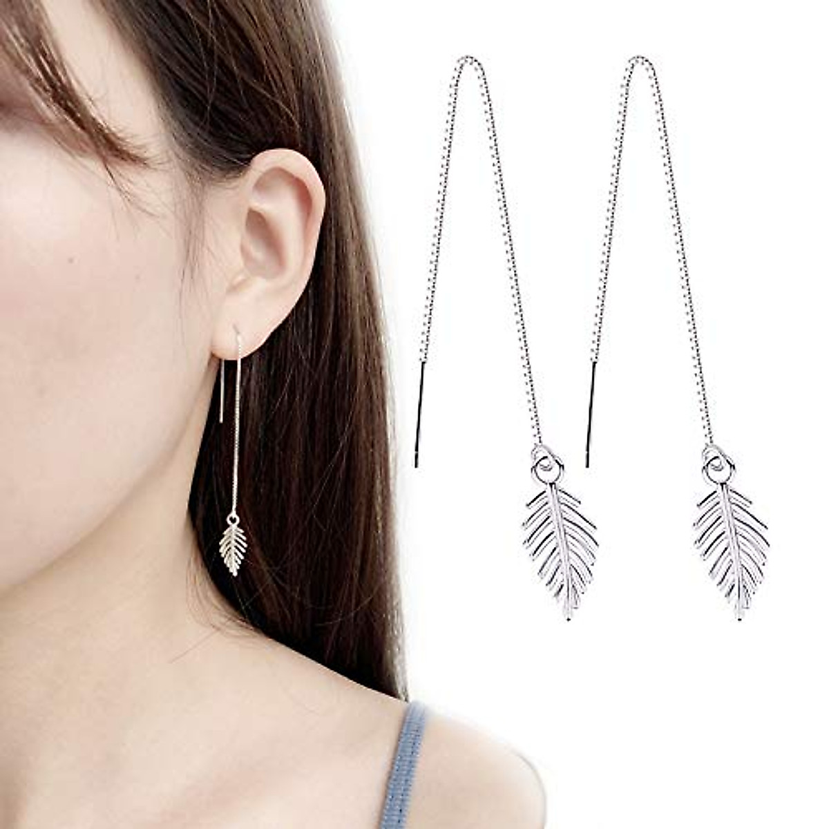 Boho Minimalist Long Thin Linear 925 Sterling Silver Leaves Dangle Earrings Chain for Women Elegant Threader Earrings