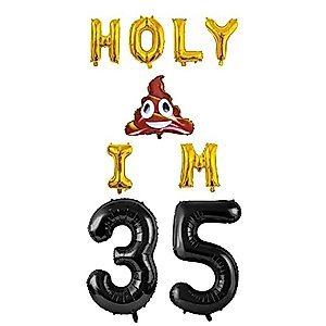 Funny 35th Birthday Decoration for Women, Holy I M 35 Golden Balloons, Happy 35th Birthday Decorations for Him, 40 inch Giant Number 35 balloons