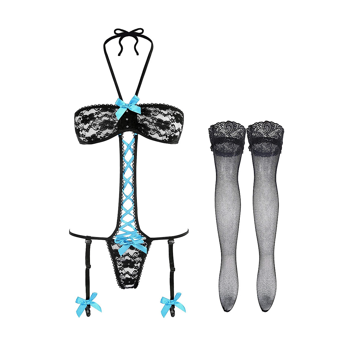 EROMATE Black Lace Garter Belt for Women Halter Women Lingerie Fishnet Stocking