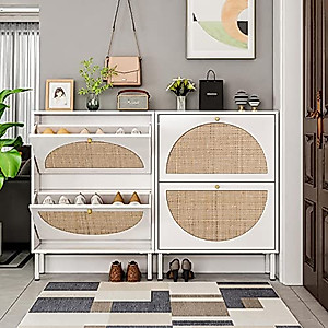 Hayiodda 2 Drawer Natural Rattan Shoe Cabinet, Tipping Bucket Shoe Cabinet with 2 Flip Rattan Doors & Metal Legs for Entryway, White