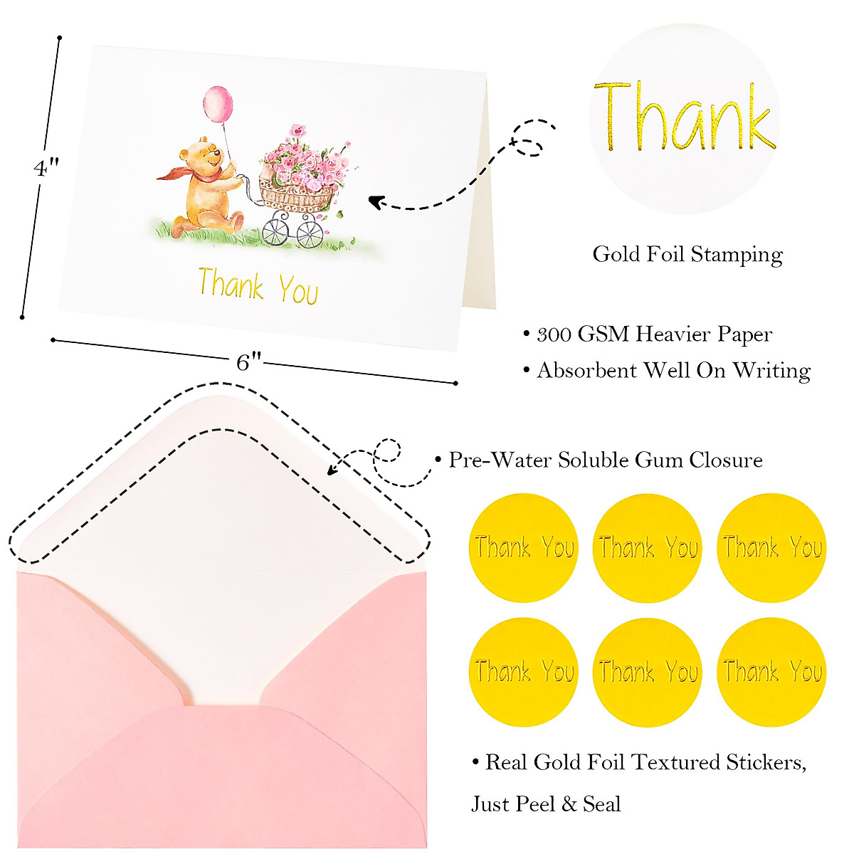 Crisky Baby Shower Girl Thank You Cards with Envelopes 50 Pack Pink Baby Shower Greeting Notes Bulk (Cute Bear with Baby Carriage)