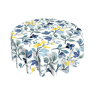 Watercolor Blue Yellow Floral Tablecloth Round 60 Inch Spring Rustic Sage Green Leaf Flower Decorative Table Cloth with Wrinkle Resistant for Home Kitchen Dining Table Outdoor Party Picnic