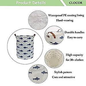 CLOCOR Kids Laundry Basket,Shark Toy Storage Bins,Baby Clothes Hamper,Round Gift Basket with Handles for Bedroom Nursery,Toddler Room Decor (Shark)