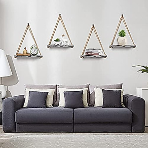 CASAVIDA Wood Floating Shelf Set of 4 Wall Hanging Shelf Decorative Plant Shelves Distressed Rope Floating Shelves Rustic Home Wall Decor for Living Room Bedroom Kitchen