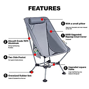 HITORHIKE Camping Chair with Nylon Mesh and Comfortable Headrest Ultralight High Back Folding Portable Compact for Camping, Hiking, Backpacking, Picnic, Festival, Family Road Trip (Grey)