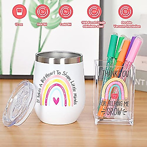 Teacher Appreciation Gifts Basket With Pouch Bag, Bookmarks, Pen Holder, Pen, Candle, Bath Bomb, 12oz Wine Tumbler for Women, Christmas / Back to School Gifts