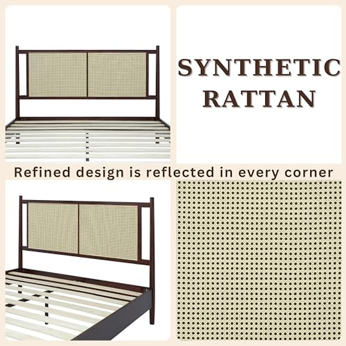 Bme Oliver King Bed Frame and Headboard - 15-Inch Signature Design with Rattan Headboard, Bohemian and Mid Century Style, 12-Slat Wood Support, No Box Spring Needed - Easy Assembly, Walnut