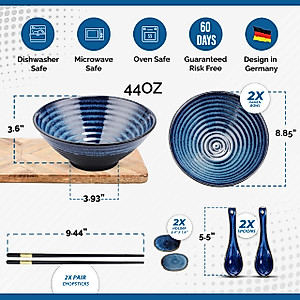 Grünhirsch Unbreakable Ramen Bowl Set of 2 (8 Pcs) - 44 Oz Exclusive Ceramic Ramen Bowls and Spoon Set - Ideal for Ramen Noodles, Pasta, and Pho - Japanese-Inspired Dining Experience with Chopsticks
