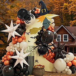 Halloween Balloon Garland Arch Kit with Spider Witch Hat Shaped Black and Milk White Exploding Star Foil Balloon Black Orange Sand White Balloons for Halloween Birthday Party Decorations