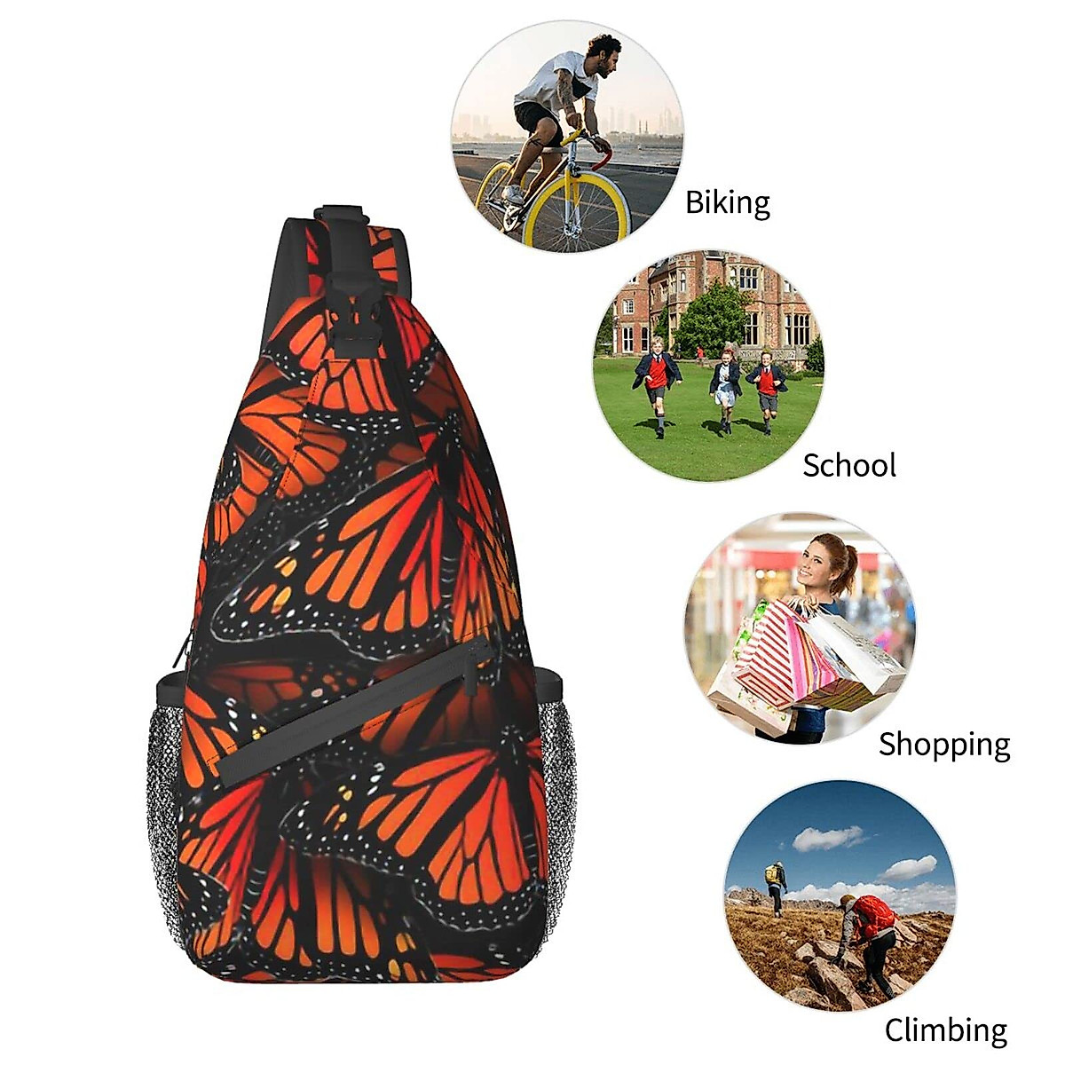 Hicyyu Monarch Butterflies Outdoor Crossbody Shoulder Bag For Unisex Young Adult Hiking Sling Backpack