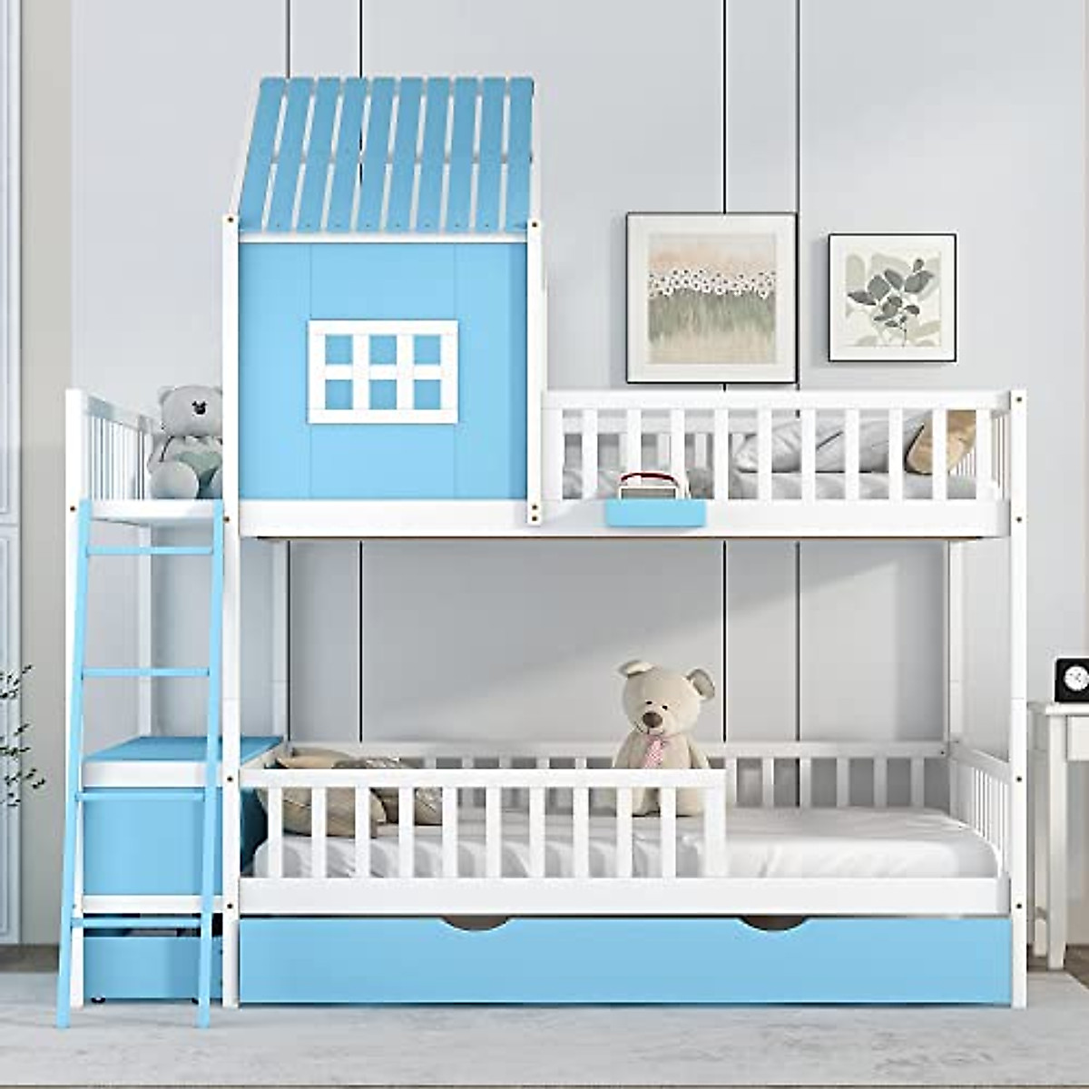 Lepfun Bunk Bed,Full Over Full Size Bunk Bed with Twin Size Trundle Bed, Farmhouse Bed with Storage Box and A Big Drawer for Kidroom,Bedroom and Dorm,Noise Free,No Box Spring Needed,Blue
