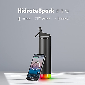 Hidrate Spark PRO Smart Water Bottle – Tracks Water Intake with Bluetooth, LED Glow Reminder When You Need to Drink – Straw Lid, 21oz, Black