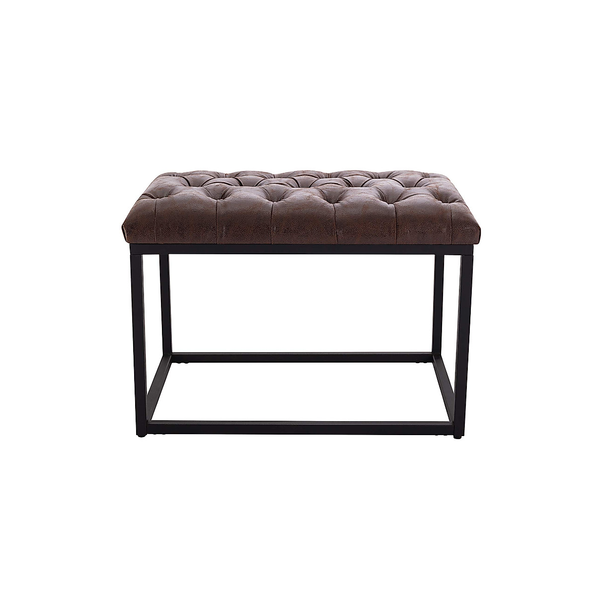 Wovenbyrd Modern Rectangular Button Tufted Ottoman Footstool with Metal Frame, 24-Inch by 16.5-Inch, Dark Brown Faux Leather