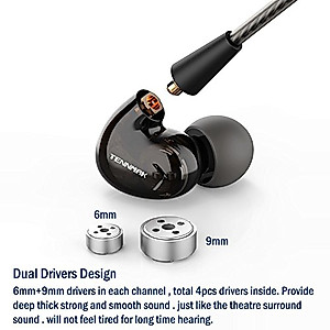 TENNMAK PRO Professional 4pcs Drivers Wired Earbuds, Wired Earphones with Detachable Cable & Ear Hook for Sport Running & Casual (Black NO MIC)