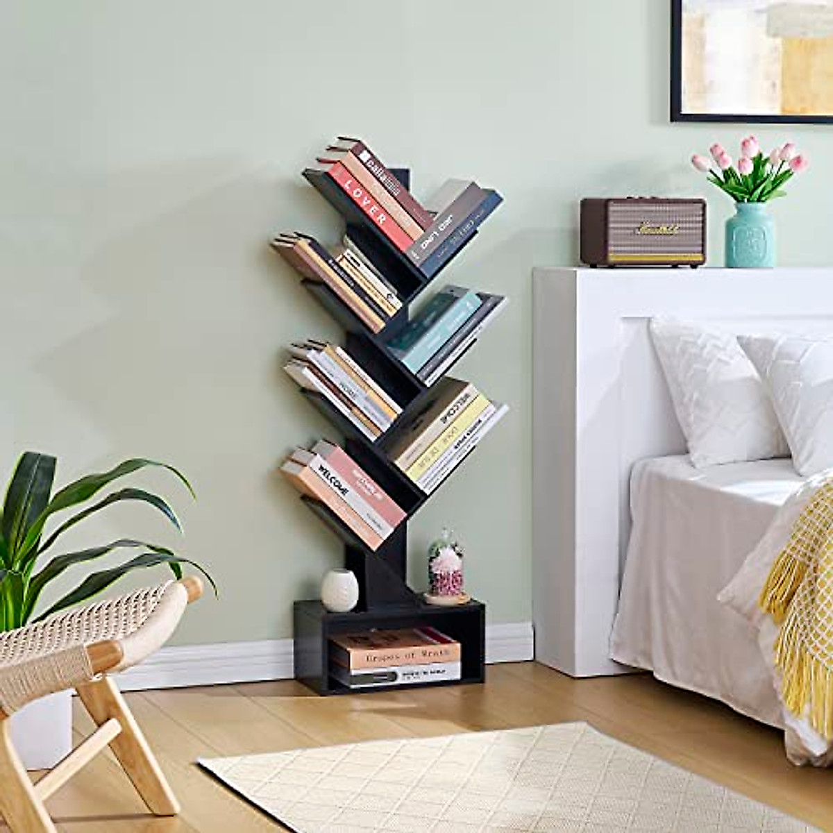 Hoctieon 6 Tier Tree Bookshelf, 6 Shelf Bookcase with Drawer, Free Standing Tree Bookcase, Display Floor Standing Shelf for Books, Book Organizer Shelves for Home Office, Black