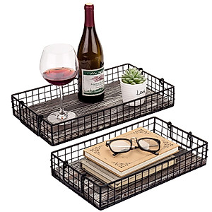 MyGift Black Metal Large Serving Tray, Wire Basket Style Nesting Ottoman Trays with Burnt Wood Base and Handles, Set of 2