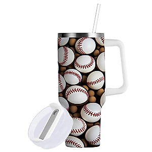 Jihqo Baseball Balls Pattern 40 oz Stainless Steel Vacuum Insulated Tumbler with Handle and Straw Lid, Leakproof Water Bottle Double Wall Travel Mug Coffee Cup, Cupholder Friendly