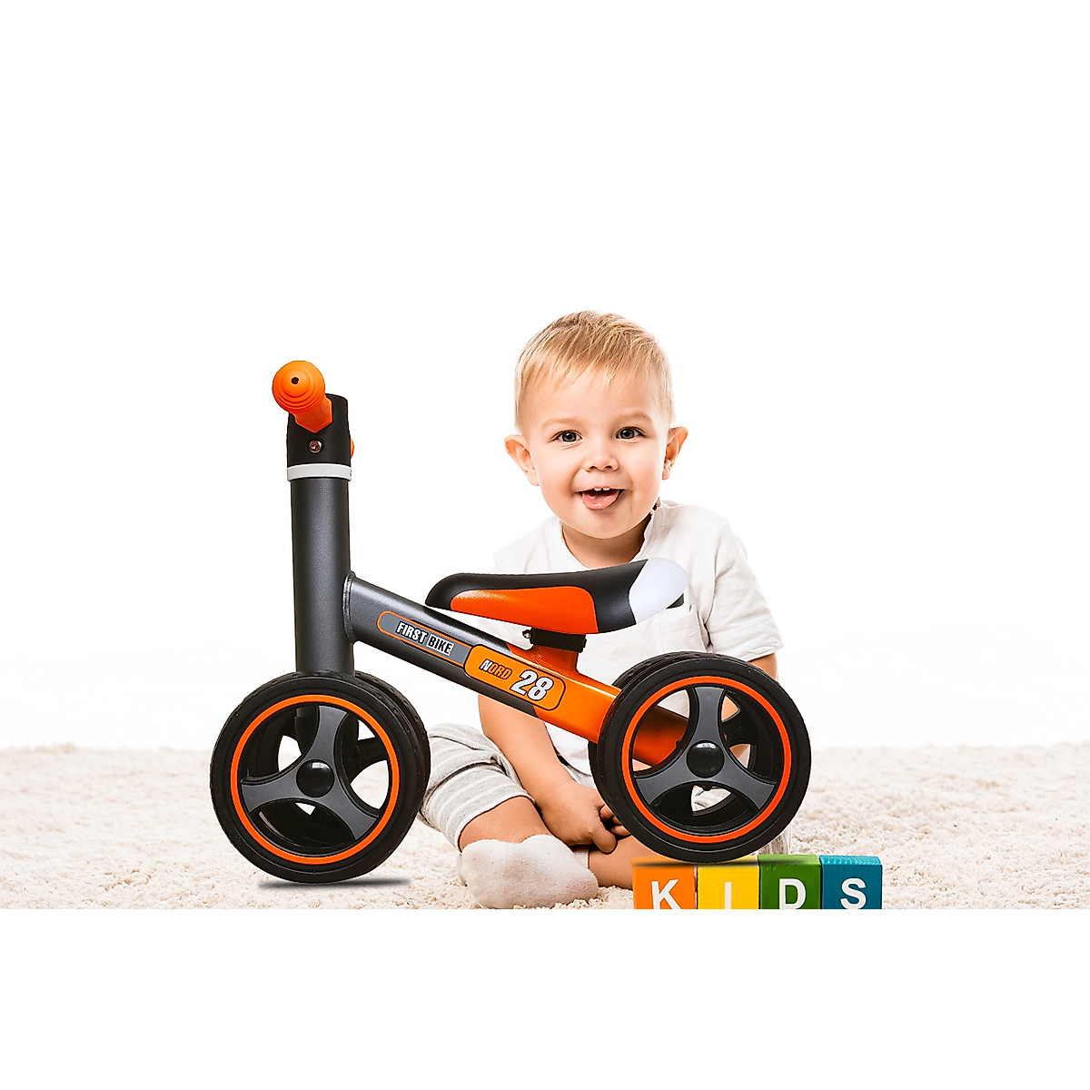 Baby Balance Bike, Built-in Compass Toddler Bikes 18-36 Months Toys for 1 Year Old Gift Bike, Train Baby from Standing to Running, Baby Bike with 4 Silent Wheels, First Birthday Gifts(Orange)