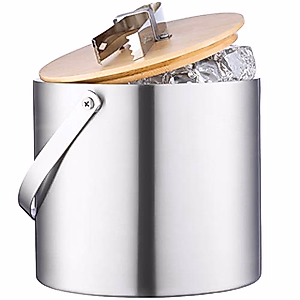 Double- Wall Stainless Steel Insulated Ice Bucket With Lid and Ice Tong - [3 Liter] Modern Bamboo Lid With Built-In Tongs- Comfortable Carry Handle- Great for Home Bar, Chilling Beer Champagne