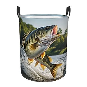 KIROJA Bass Fishing Wave Laundry Hamper,Portable Clothes Hampers,Storage Basket Toys Storage Organizer For Home Dorm, Small
