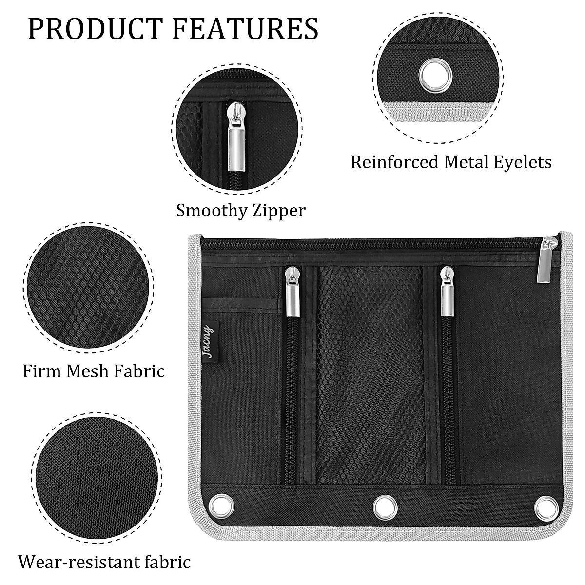 Jacng Binder Pouch for 3 Ring Binder Large Capacity Binder Pocket Black Zipper Bag Fits 3- Ring Binder Clear Window Pencil Pouch with Zipper for Office Supplies