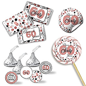 Confetti Rose Gold Polka Dot 60th Birthday Party Sticker Bundle Kit - 429 pieces!!! Includes 60 2" Circle Stickers for Favors & Goodie Bags, 45 Mini Candy Bar Wrappers & 324 Round Candy Kiss Stickers